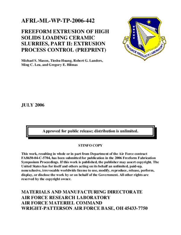 (PDF) Control of High Solids Ceramic Extrusion