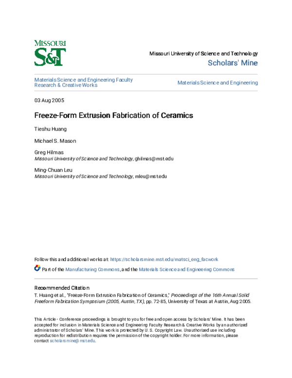 (PDF) Freeze-Form Extrusion Fabrication of Ceramics
