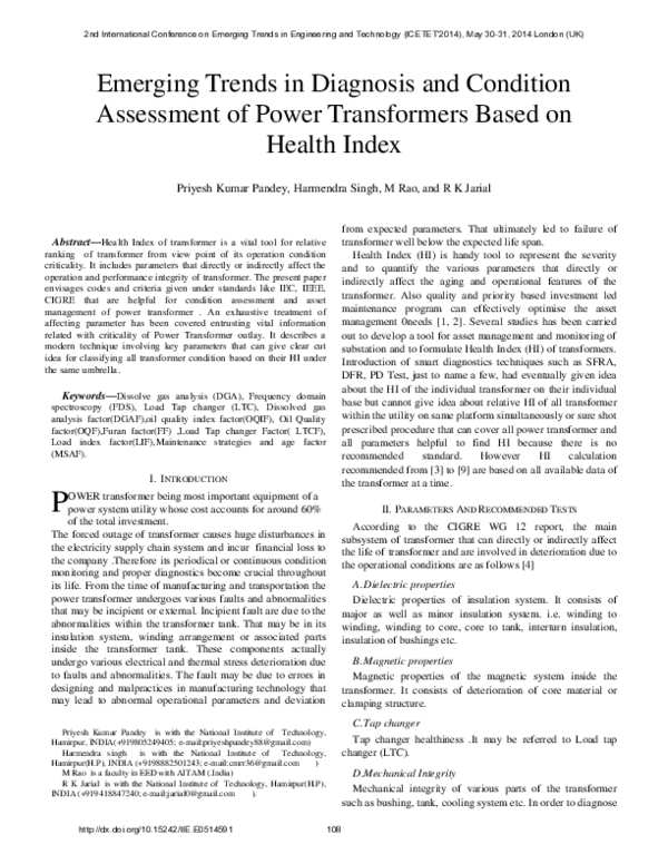 (PDF) Emerging Trends in Diagnosis and Condition Assessment of Power Transformers Based on ...