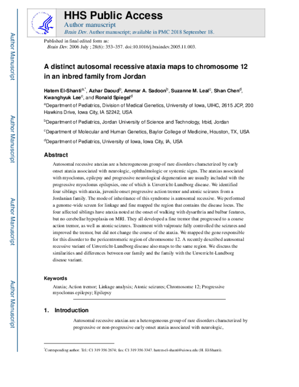 (PDF) A distinct autosomal recessive ataxia maps to chromosome 12in an ...