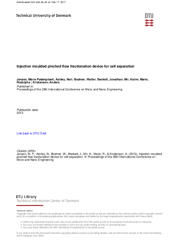 (PDF) Injection moulded pinched flow fractionation device for cell ...
