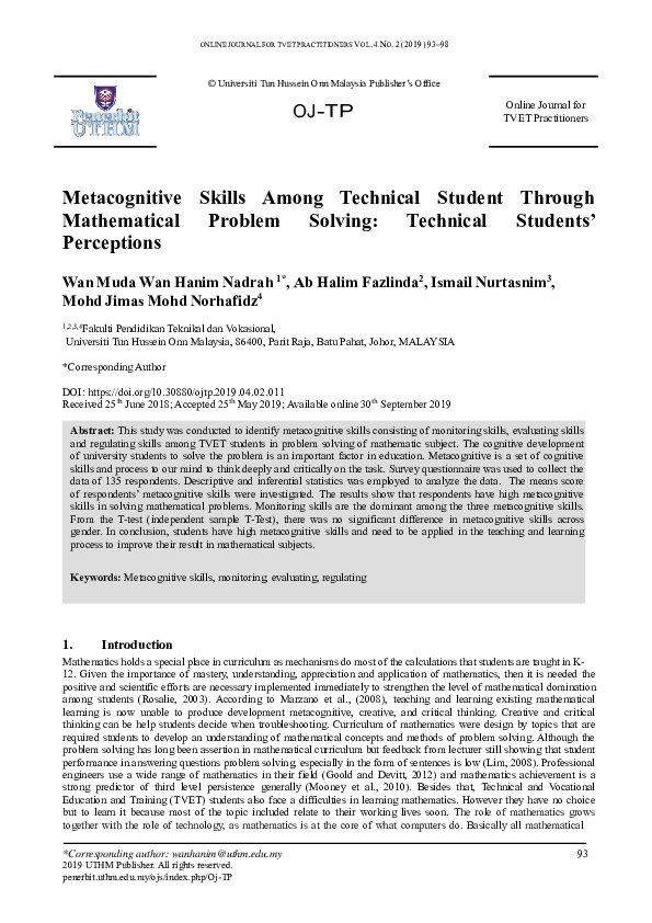 (PDF) Metacognitive Skills Among Technical Student Through Mathematical ...