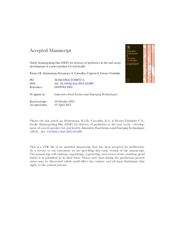 (PDF) Orally disintegrating film (ODF) for delivery of probiotics in ...