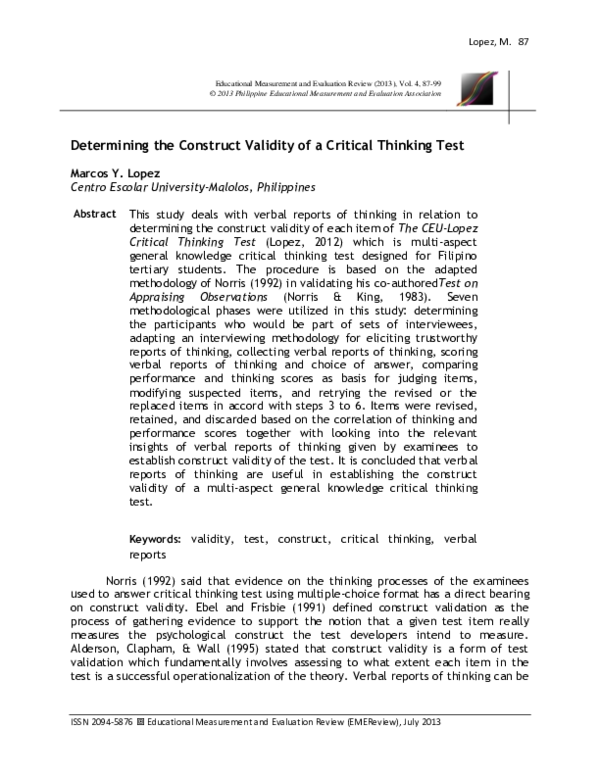 (PDF) Determining the Construct Validity of a Critical Thinking Test