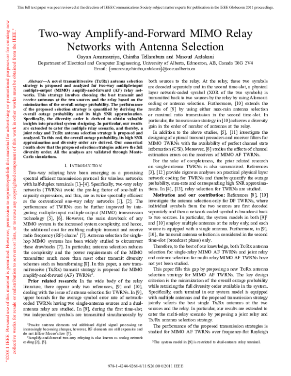 Pdf Two Way Amplify And Forward Mimo Relay Networks With Antenna Selection Chintha