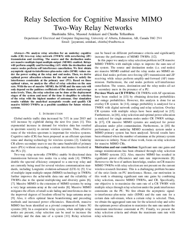 Pdf Relay Selection For Cognitive Massive Mimo Two Way Relay Networks Chintha Tellambura