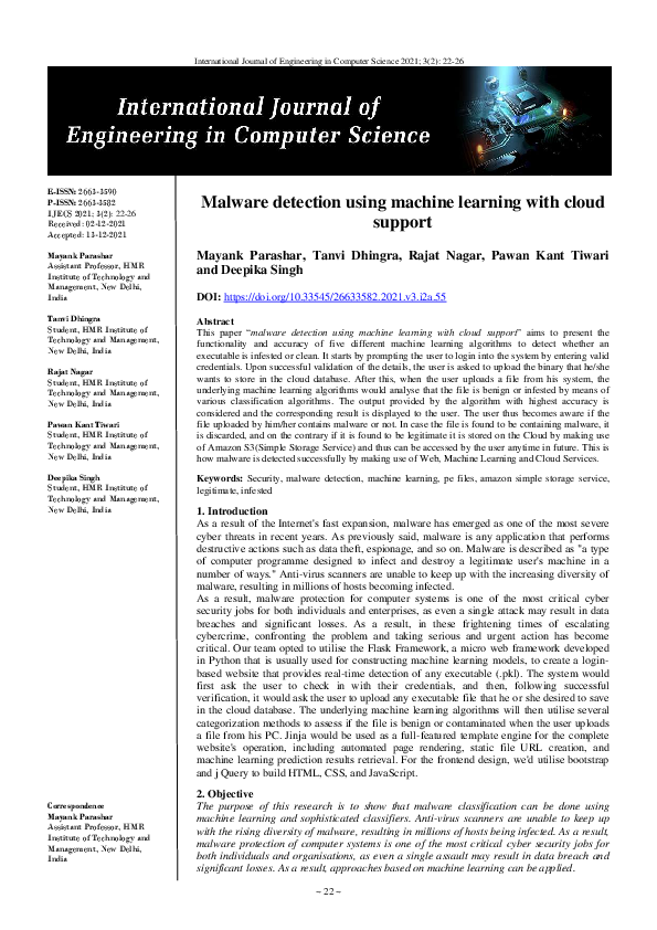 Pdf Malware Detection Using Machine Learning With Cloud Support