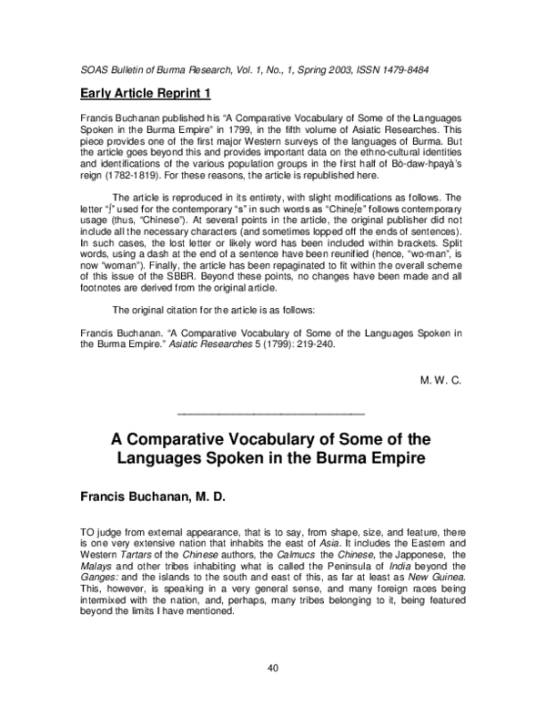 (PDF) A Comparative Vocabulary of Some of the Languages Spoken in the Burma Empire by Francis ...