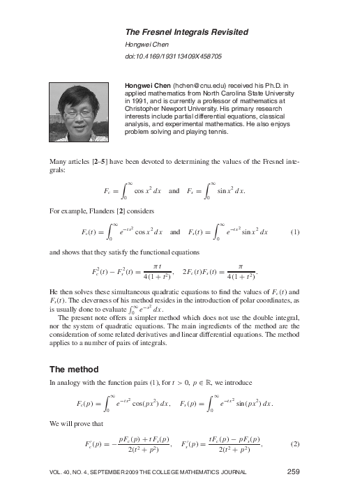 (PDF) The Fresnel Integrals Revisited