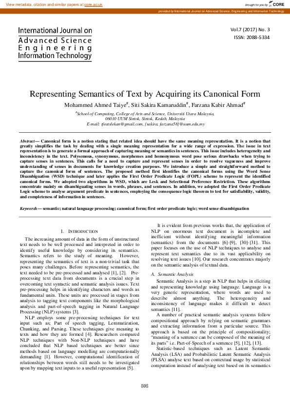 (PDF) Representing Semantics of Text by Acquiring its Canonical Form
