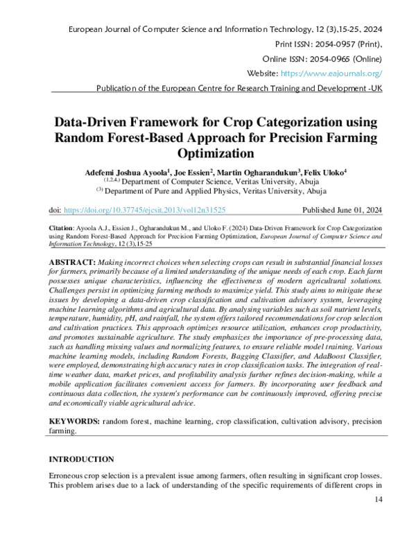 (PDF) Data-Driven Framework for Crop Categorization using Random Forest-Based Approach for ...