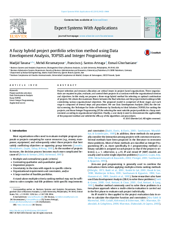 (PDF) A fuzzy hybrid project portfolio selection method using Data Envelopment Analysis, TOPSIS ...