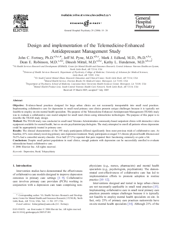 (PDF) Design and implementation of the Telemedicine-Enhanced Antidepressant Management Study ...