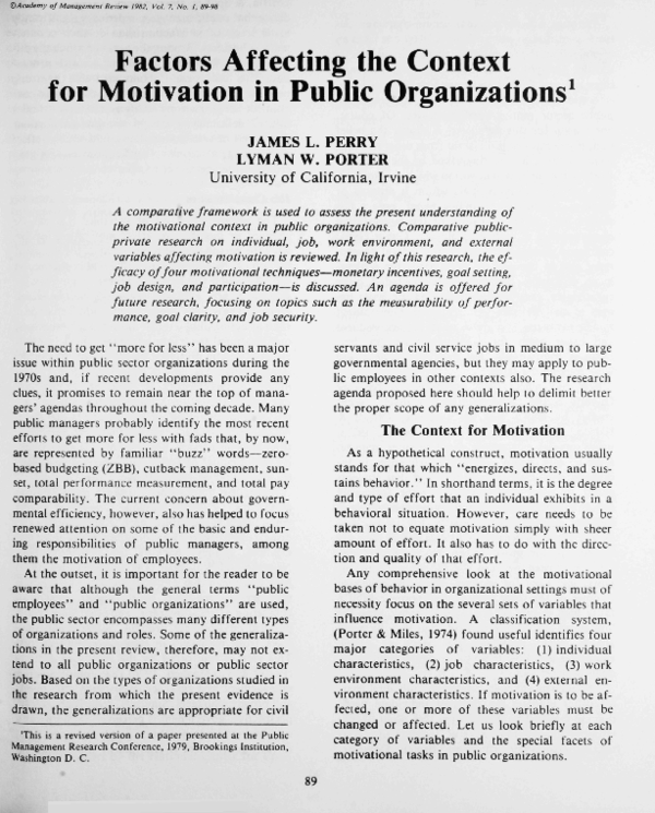 (PDF) Factors Affecting the Context for Motivation in Public Organizations