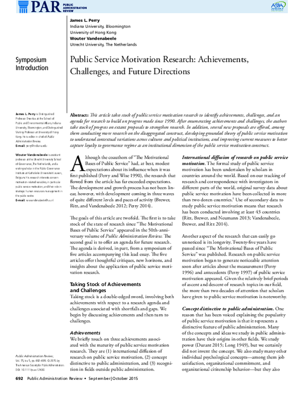 (PDF) Public Service Motivation Research: Achievements, Challenges, and Future Directions