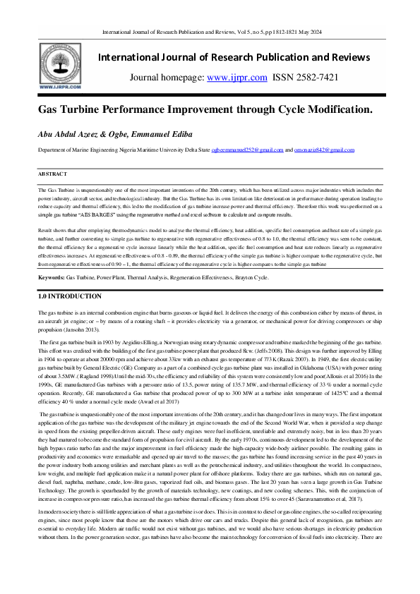 (PDF) Gas Turbine Performance Improvement through Cycle Modification