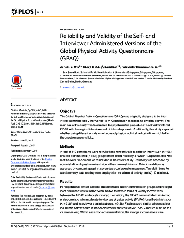 (PDF) Reliability and Validity of the Self- and Interviewer-Administered Versions of the Global ...