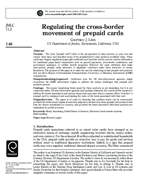 (PDF) Regulating the cross‐border movement of prepaid cards