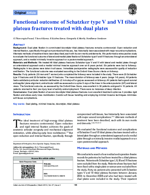 (PDF) Functional outcome of Schatzker type V and VI tibial plateau fractures treated with dual ...