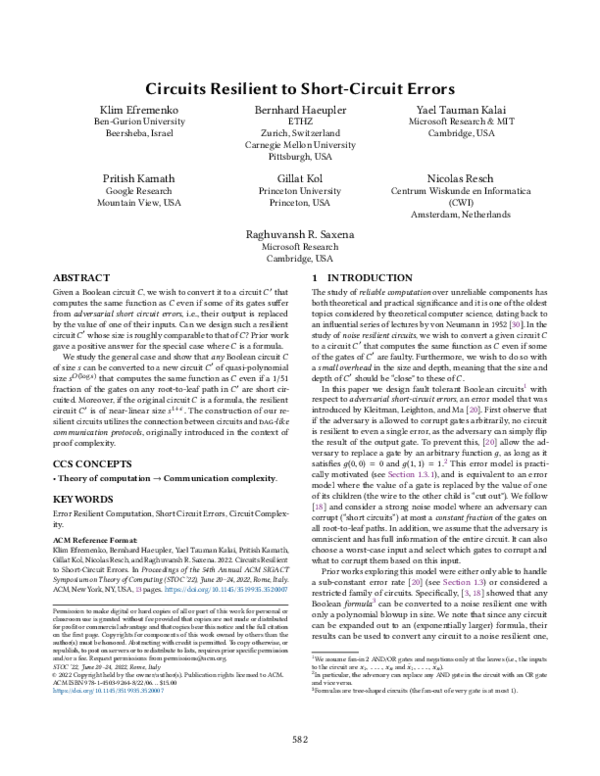 (PDF) Circuits resilient to short-circuit errors