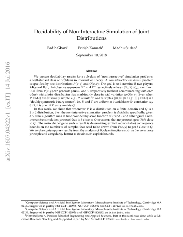 (PDF) Decidability of Non-interactive Simulation of Joint Distributions