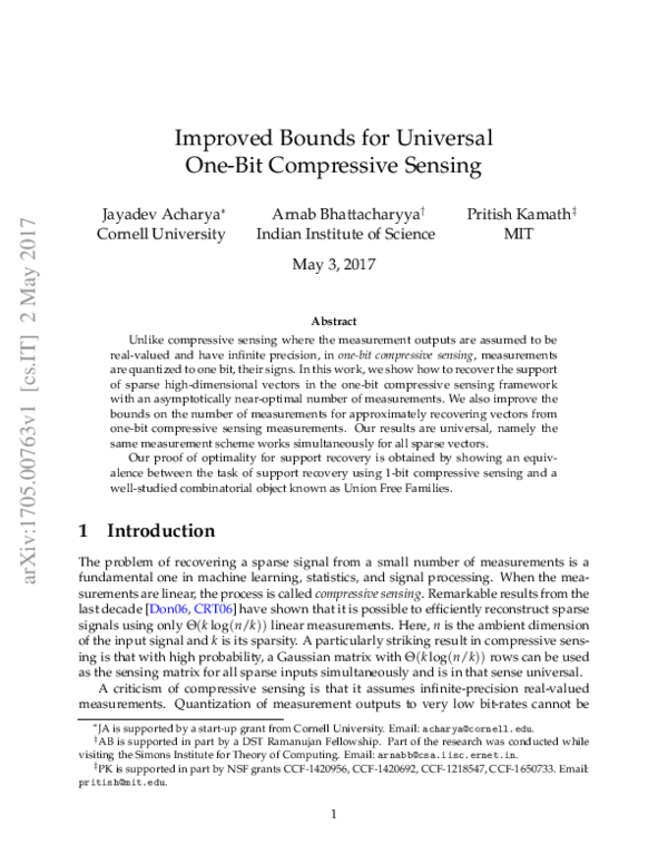 (PDF) Improved bounds for universal one-bit compressive sensing
