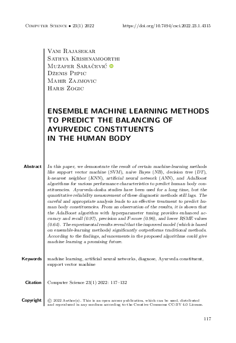 (PDF) Ensemble Machine Learning Methods to Predict the Balancing of Ayurvedic Constituents in ...