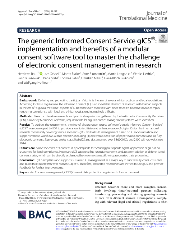 (PDF) The generic Informed Consent Service gICS®: implementation and benefits of a modular ...