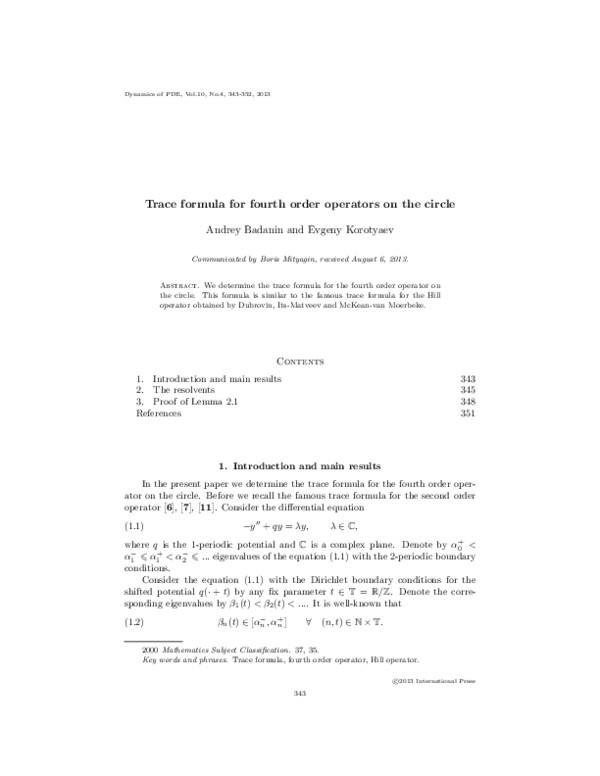 (PDF) Fourth Order Operator Trace Formula on Circle