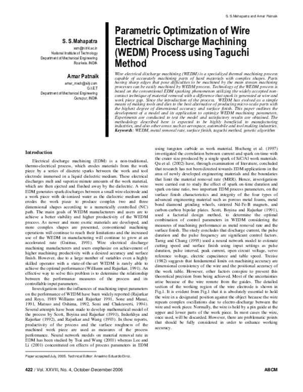 Pdf Parametric Optimization Of Wire Electrical Discharge Machining Wedm Process Using