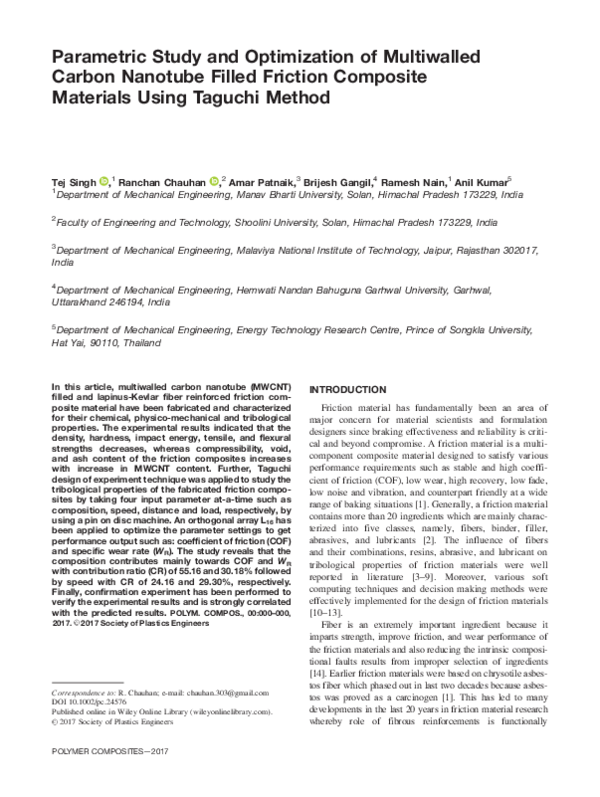 (PDF) Parametric study and optimization of multiwalled carbon nanotube filled friction composite ...