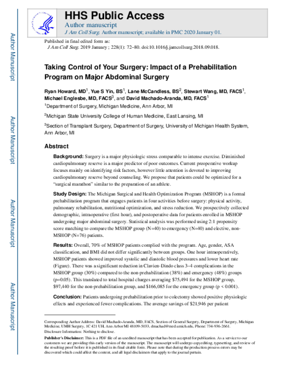 (PDF) Taking Control of Your Surgery: The Impact of a Prehabilitation Program on Major Abdominal ...