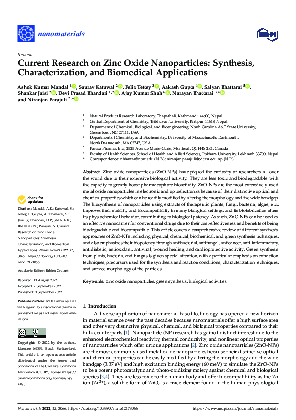 (PDF) Current Research on Zinc Oxide Nanoparticles: Synthesis, Characterization, and Biomedical ...