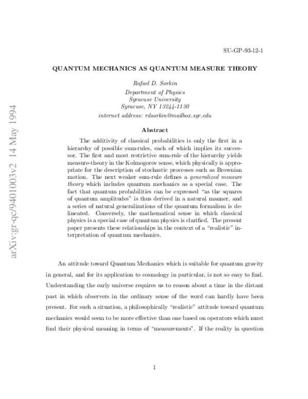 (PDF) Quantum Mechanics as Quantum Measure Theory