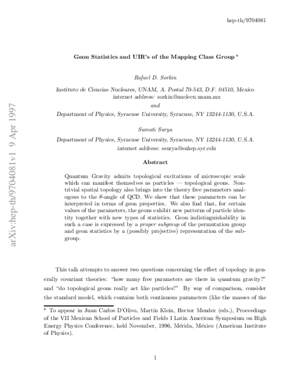 (PDF) Geon statistics and UIR’s of the mapping class group