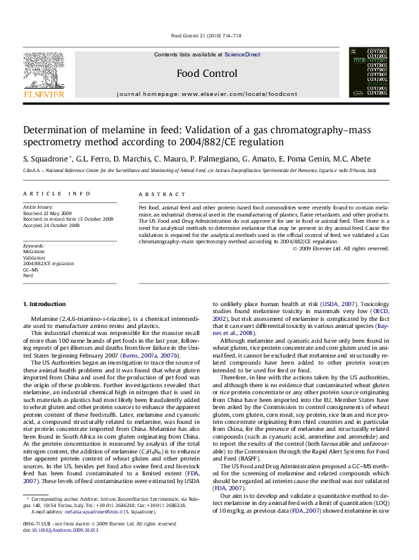 (PDF) Determination of melamine in feed: Validation of a gas chromatography–mass spectrometry ...