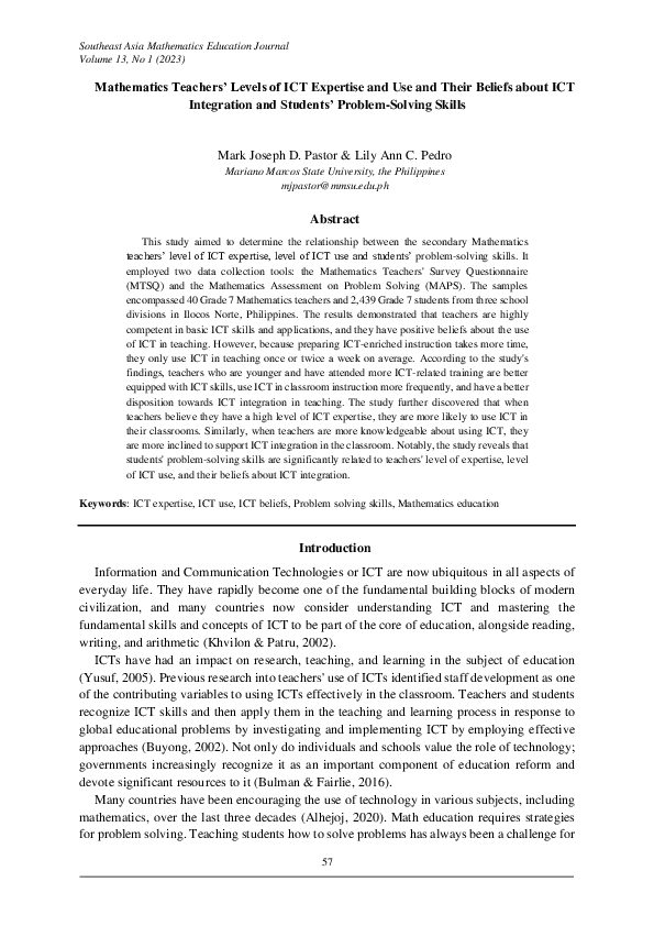 (PDF) Mathematics Teachers’ Levels of ICT Expertise and Use and Their Beliefs about ICT ...