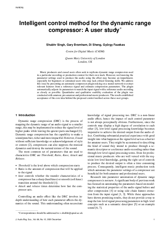 (PDF) Intelligent Control Method for the Dynamic Range Compressor: A User Study