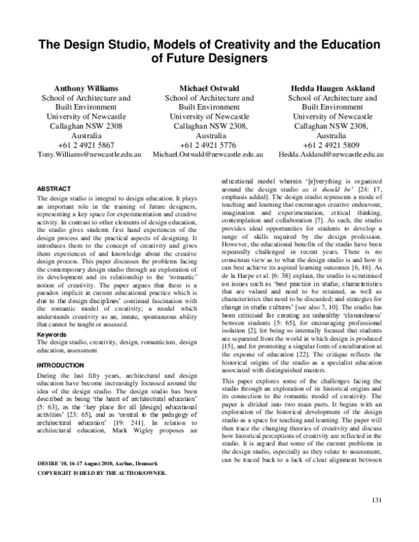 (PDF) The design studio, models of creativity and the education of ...
