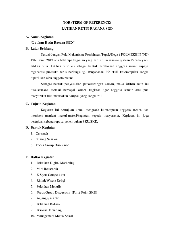 (PDF) Contoh TOR (Term of Reference) Kegiatan