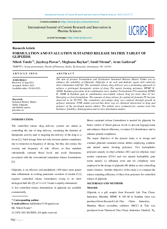 Pdf Formulation And Evaluation Sustained Release Matrix Tablet Of Glipizide