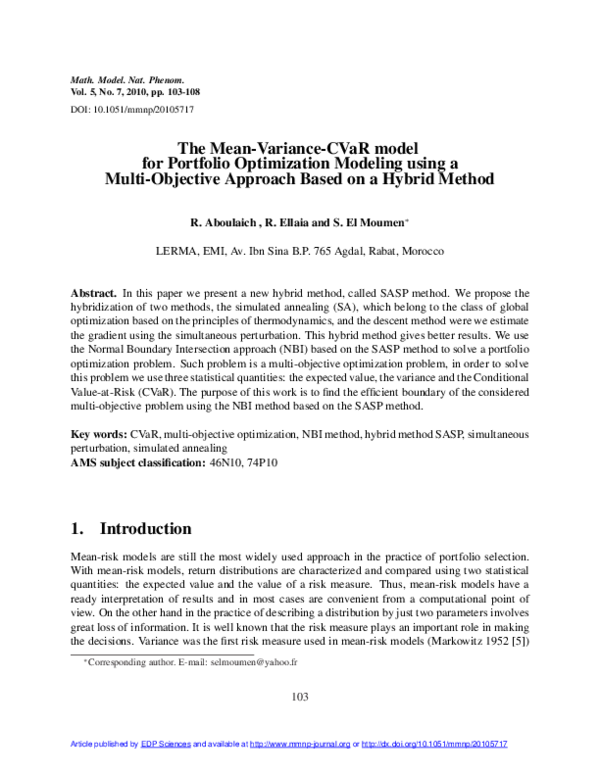 Pdf The Mean Variance Cvar Model For Portfolio Optimization Modeling