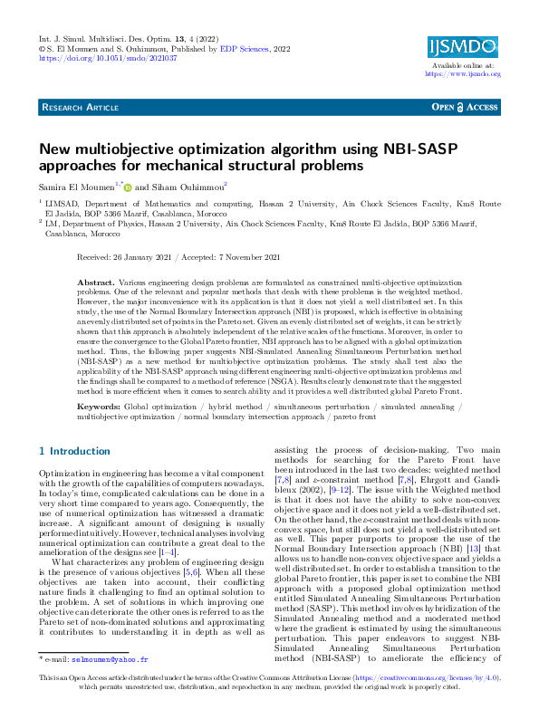 Pdf New Multiobjective Optimization Algorithm Using Nbi Sasp