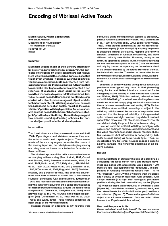 (PDF) Encoding of Vibrissal Active Touch | Ehud Ahissar - Academia.edu
