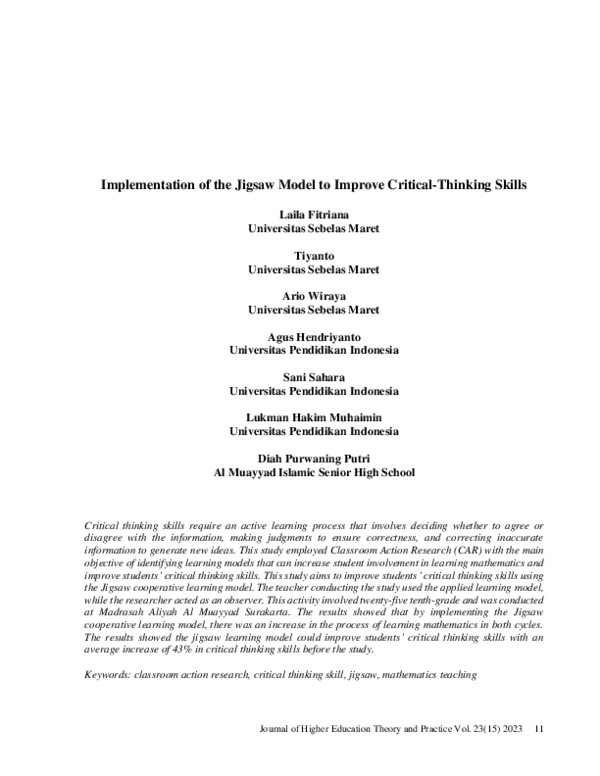 (PDF) Implementation of the Jigsaw Model to Improve Critical-Thinking ...