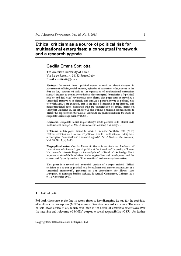 (PDF) Ethical criticism as a source of political risk for multinational ...