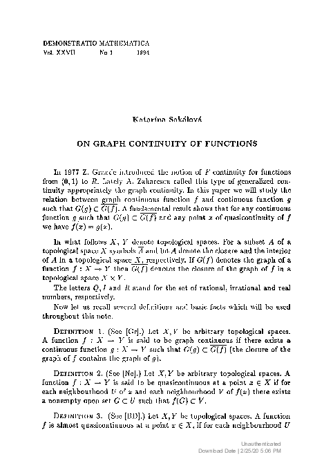(PDF) On Graph Continuity of Functions | Katarína Sakálová - Academia.edu
