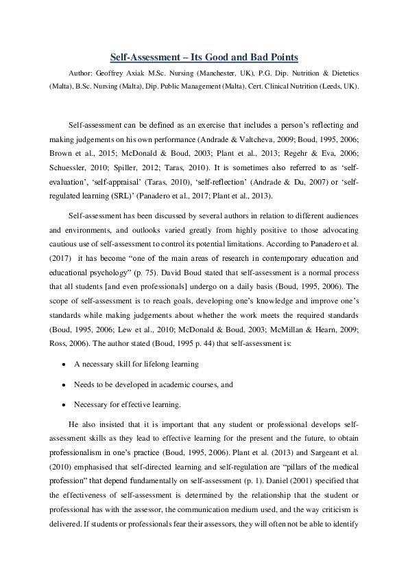 (PDF) Self-Assessment -Its Good and Bad Points