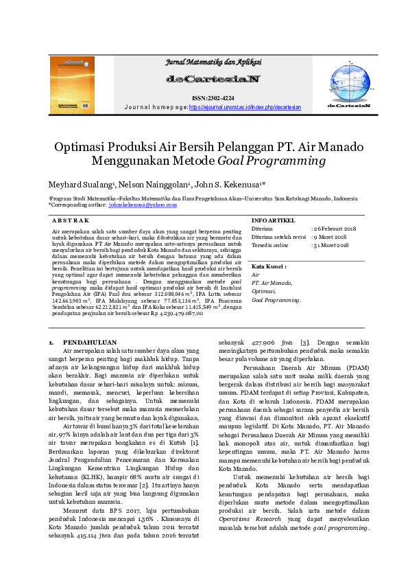 (PDF) Optimasi Produksi Air Bersih Pelanggan PT. Air Manado Menggunakan ...