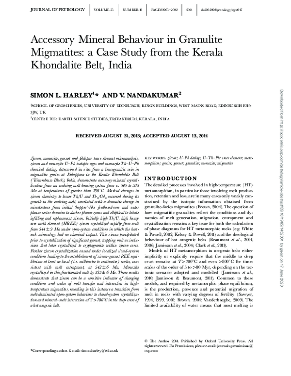 (PDF) Accessory Mineral Behaviour in Granulite Migmatites: a Case Study ...